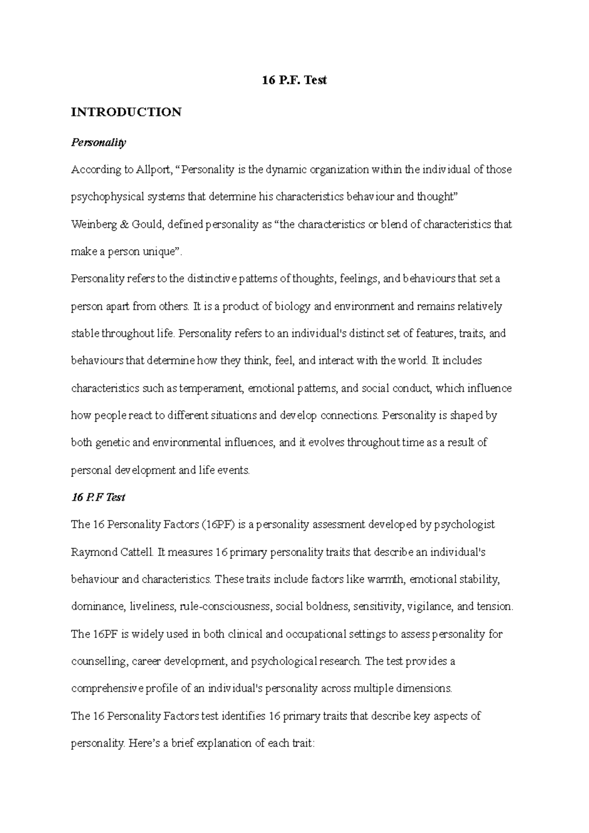 16PF Assessment 6: Practical Report on Personality Traits Analysis ...