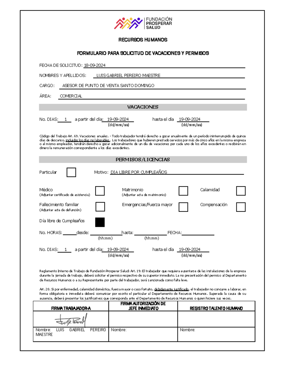 Formulario de Vacaciones y Permisos - RECURSOS HUMANOS FORMULARIO PARA ...