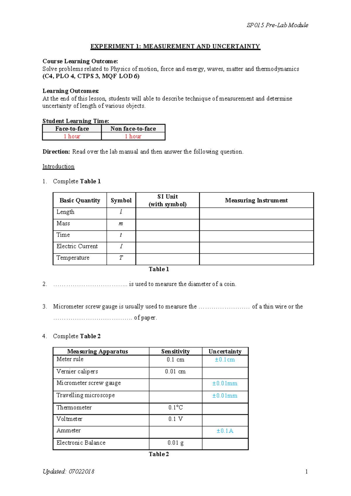 SP015 Module: Experiment 1-6 on Measurement, Motion, and Waves - Studocu
