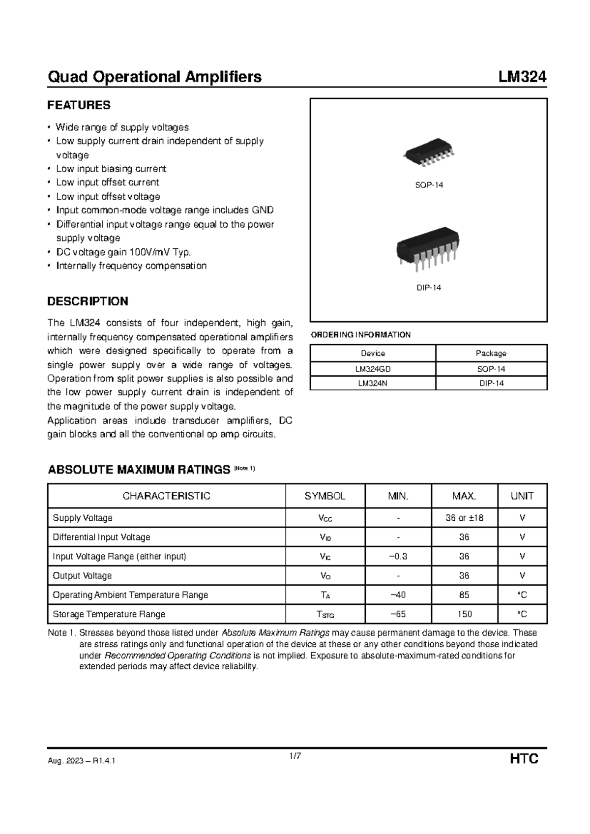 LM324 Quad Operational Amplifiers: Features & Characteristics - Studocu