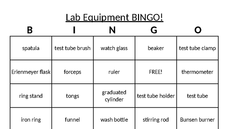 Lab Equipment Bingo Cards - BINGO! Fun Learning Activity - Studocu