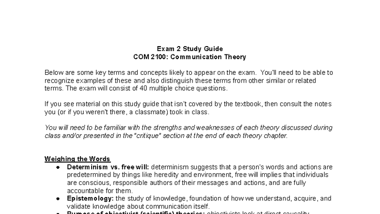 Exam 2 Study Guide for COMM 2100: Key Concepts in Communication Theory ...