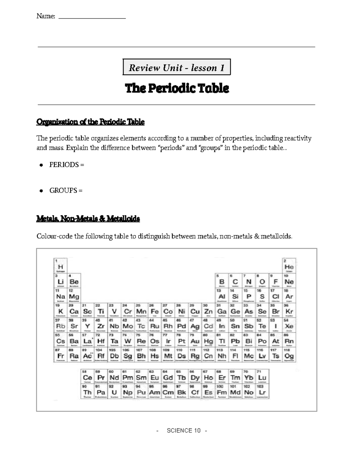 Unit Review - Topic 1: The Periodic Table & Properties (SCI 10) - Studocu