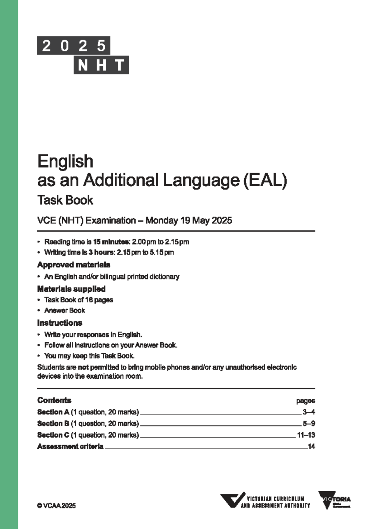 2025 VCE (NHT) EAL Examination Task Book: Reading & Writing Sections ...