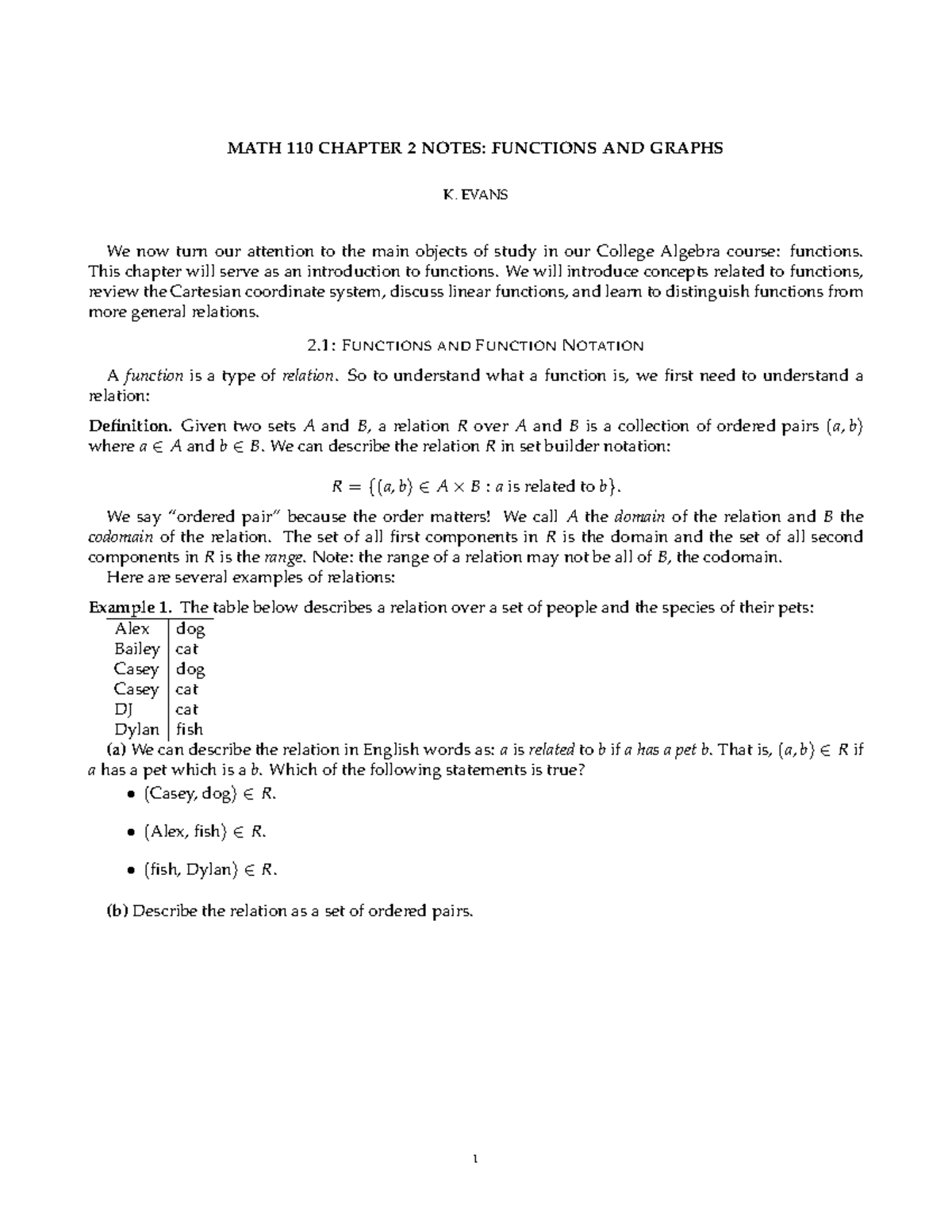 MATH 110: Chapter 2 Notes - Functions and Graphs Overview - Studocu