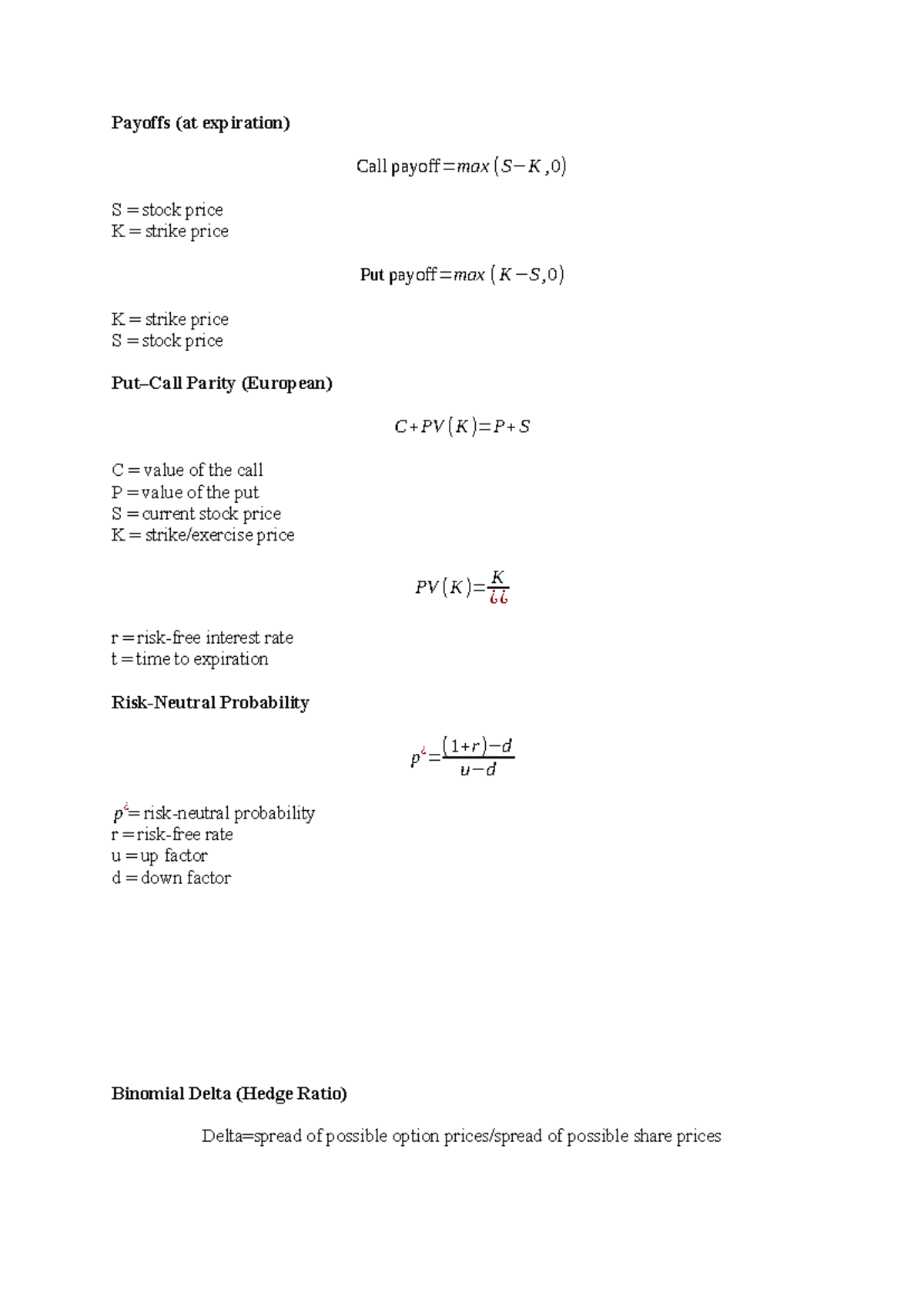 Week 6 Formula Sheet: European Call & Put Options (Finance 101 ...