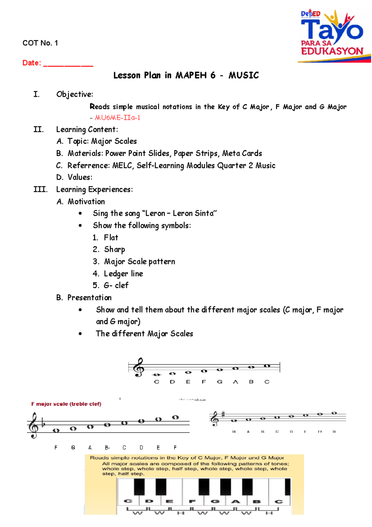1st-COT-MAPEH 6 - Classroom Observation Tool for Music Lesson Plan ...