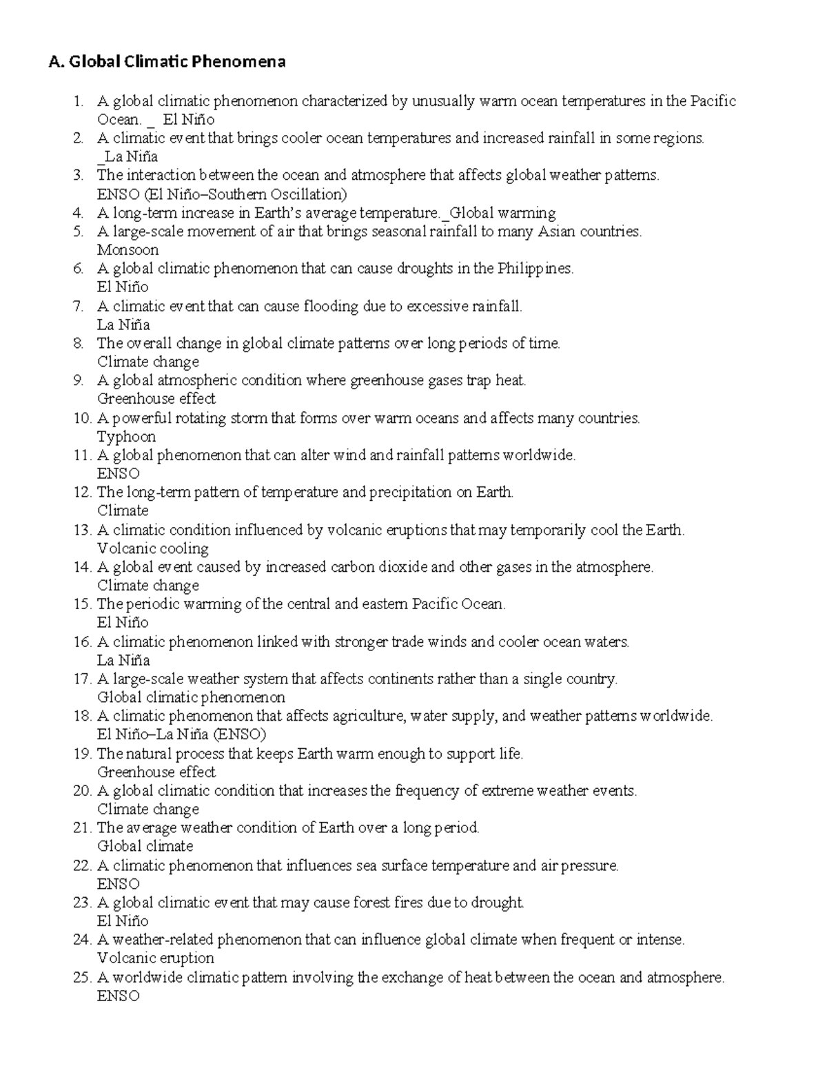 PE BADMINTON QUESTIONAIRES: Understanding Global Climatic Phenomena ...