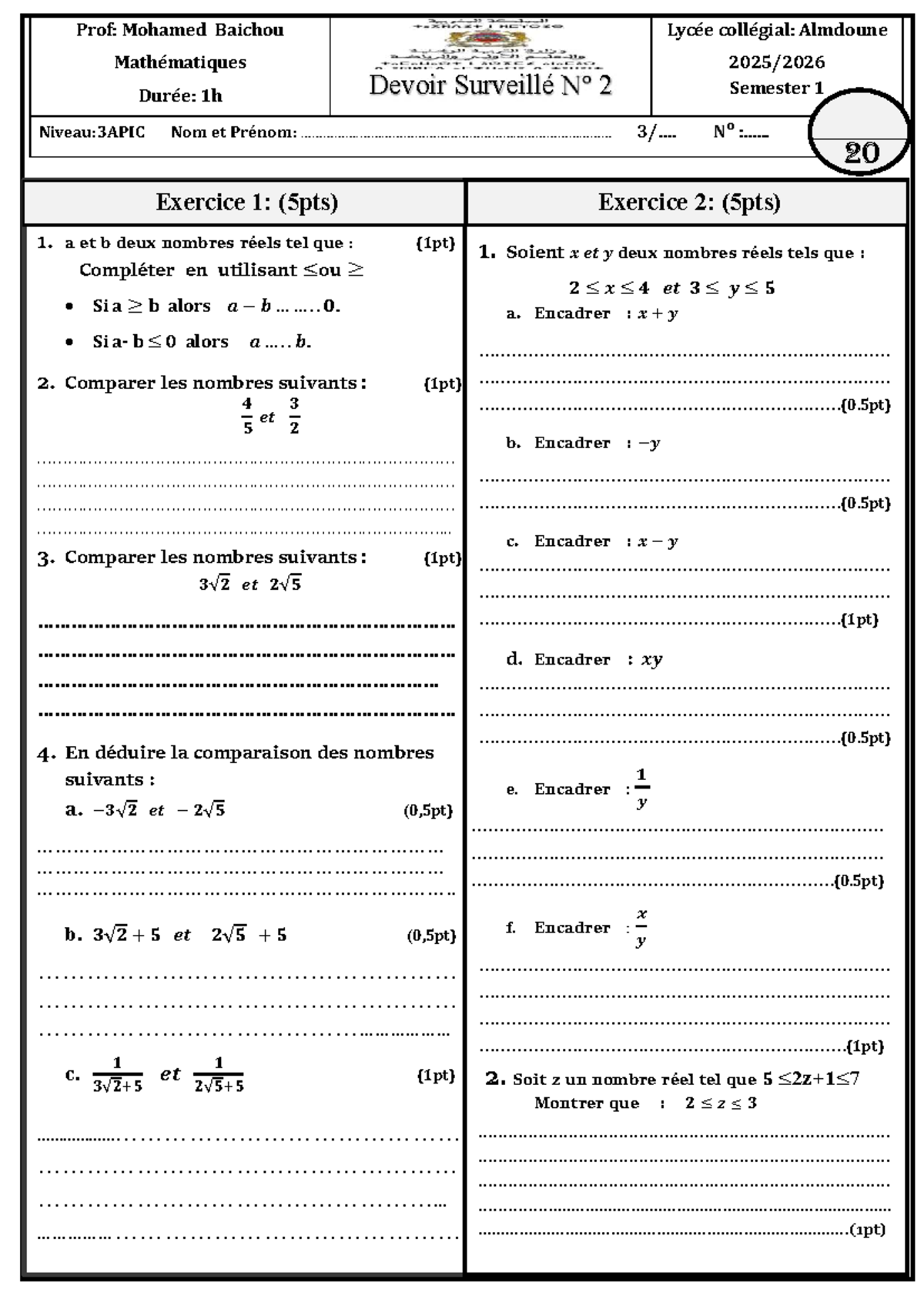 Devoir Surveillé N2 - Mathématiques 3APIC - 2025/2026 - Studocu
