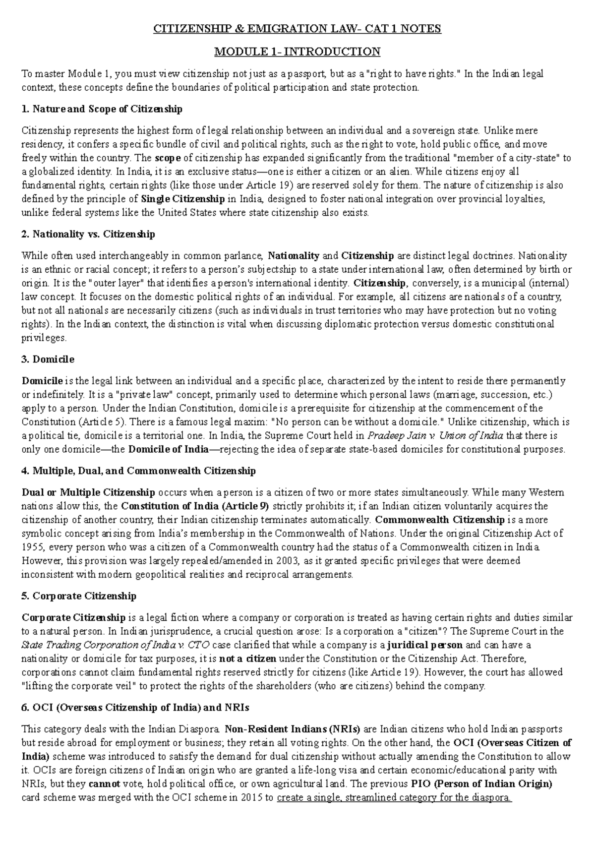 CIT 101: Comprehensive Notes on Citizenship and Emigration Concepts ...