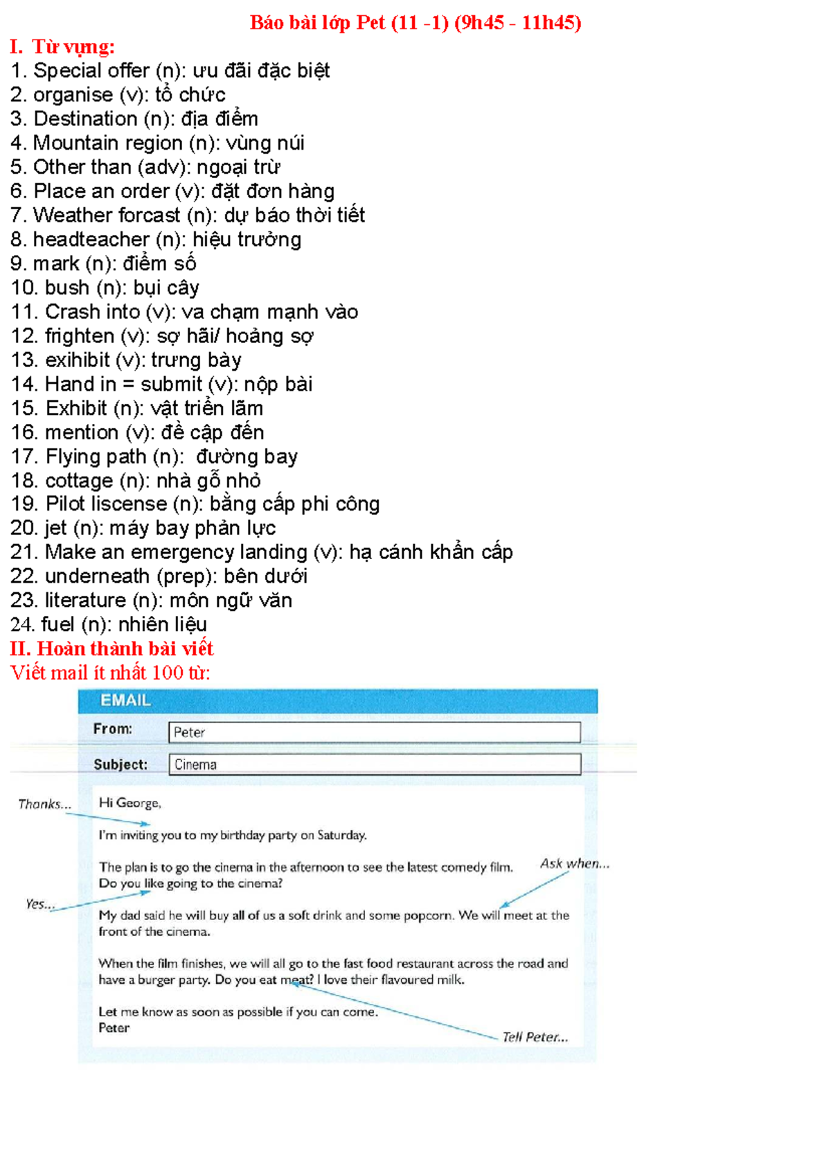Từ vựng và Bài viết cho lớp PET (11-1) (9h45-11h45) - Studocu