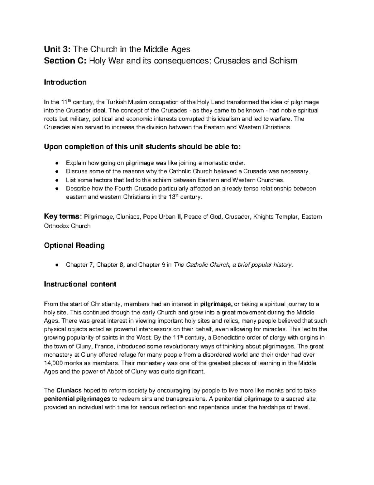 Unit 3C - Crusades and the Eastern Schism: Historical Impact and ...