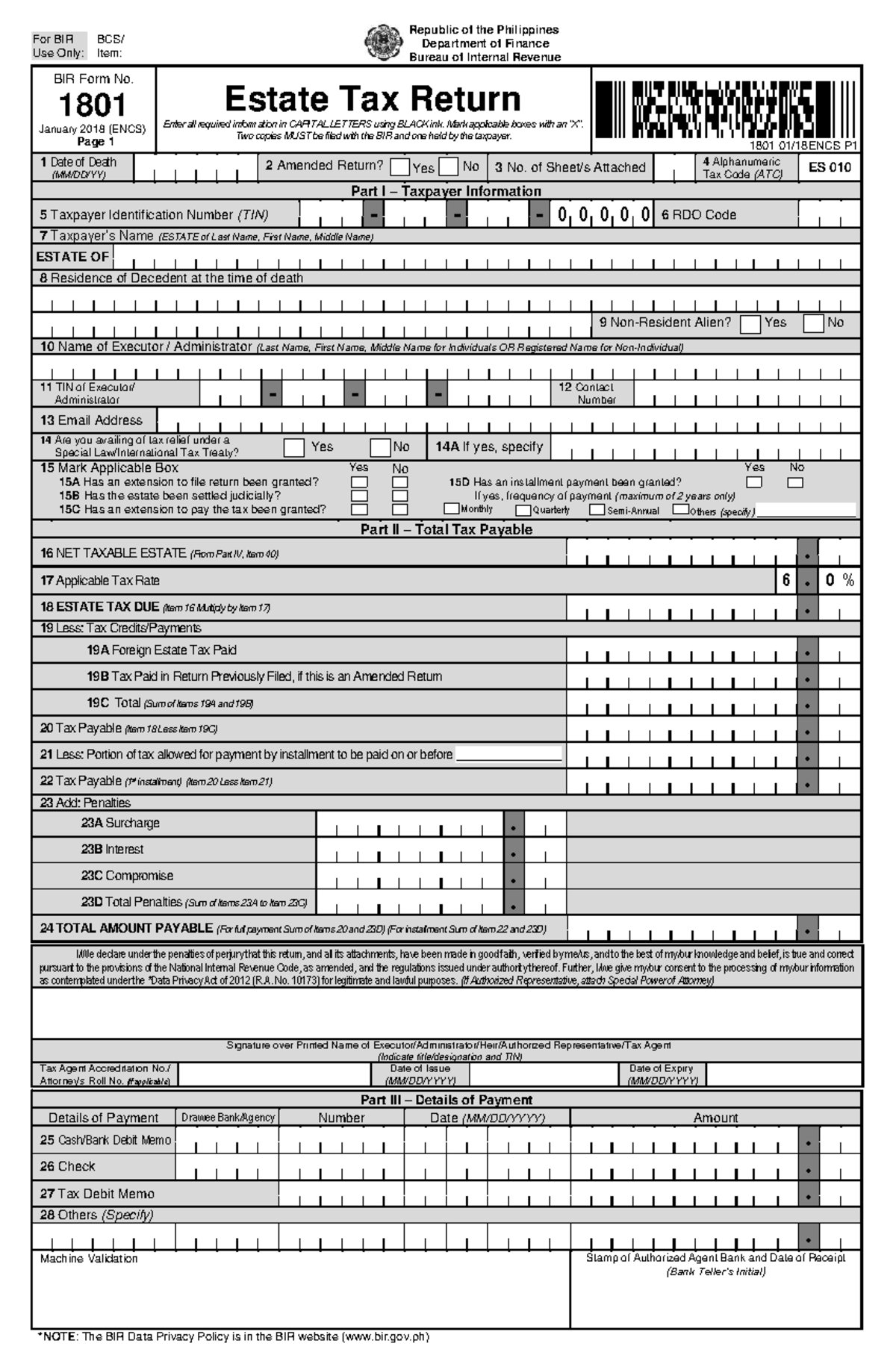 BIR Form No. 1801: Estate Tax Return Guidelines (Jan 2018) - Studocu