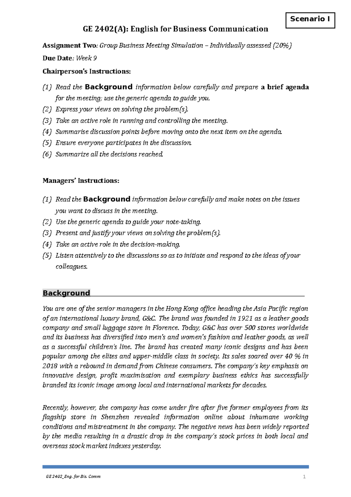 GE2402 2020-2021 Sem B A2 Scenario - GE 2402(A): English for Business ...