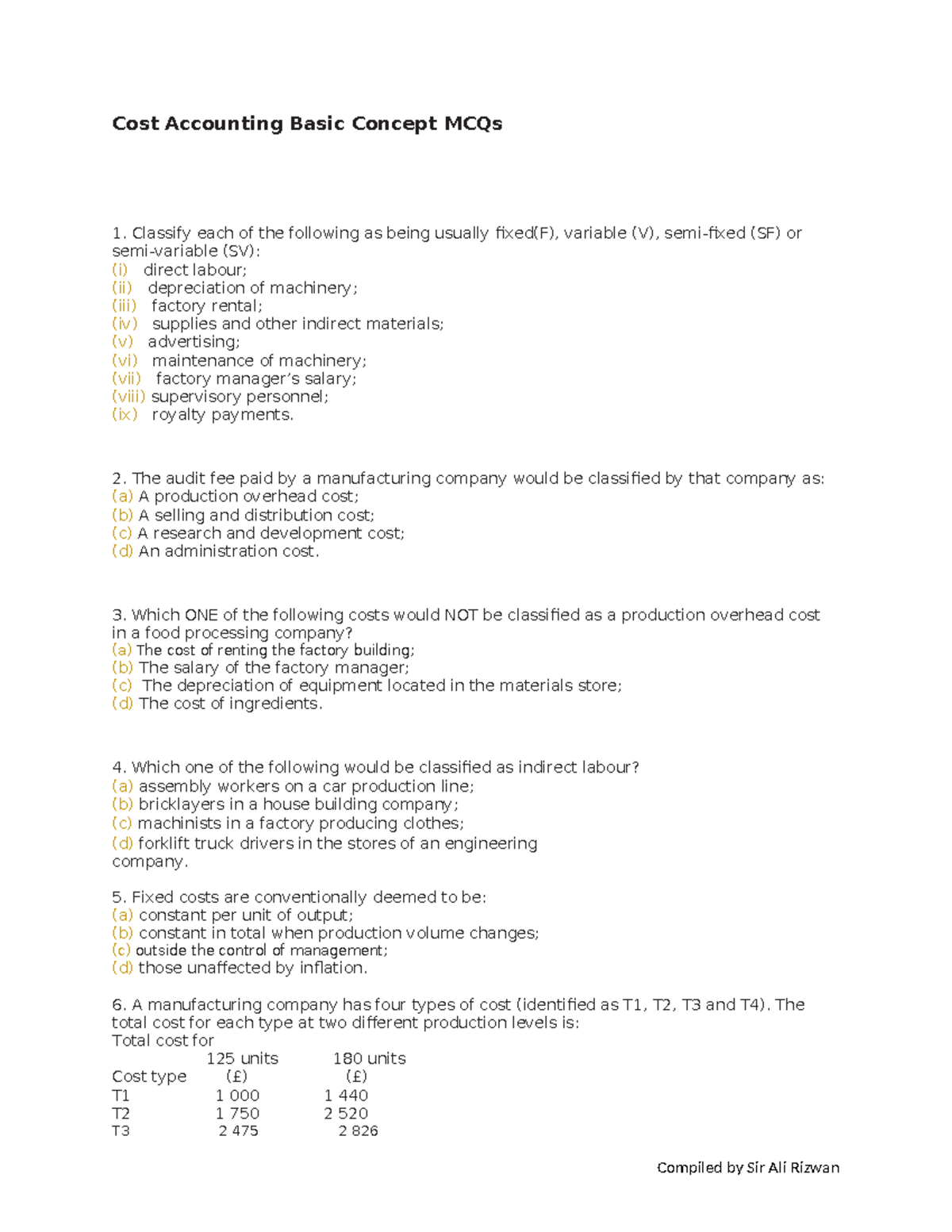 Cost Accounting (ACCT 101) Basic Concepts – MCQ Study Guide - Studocu