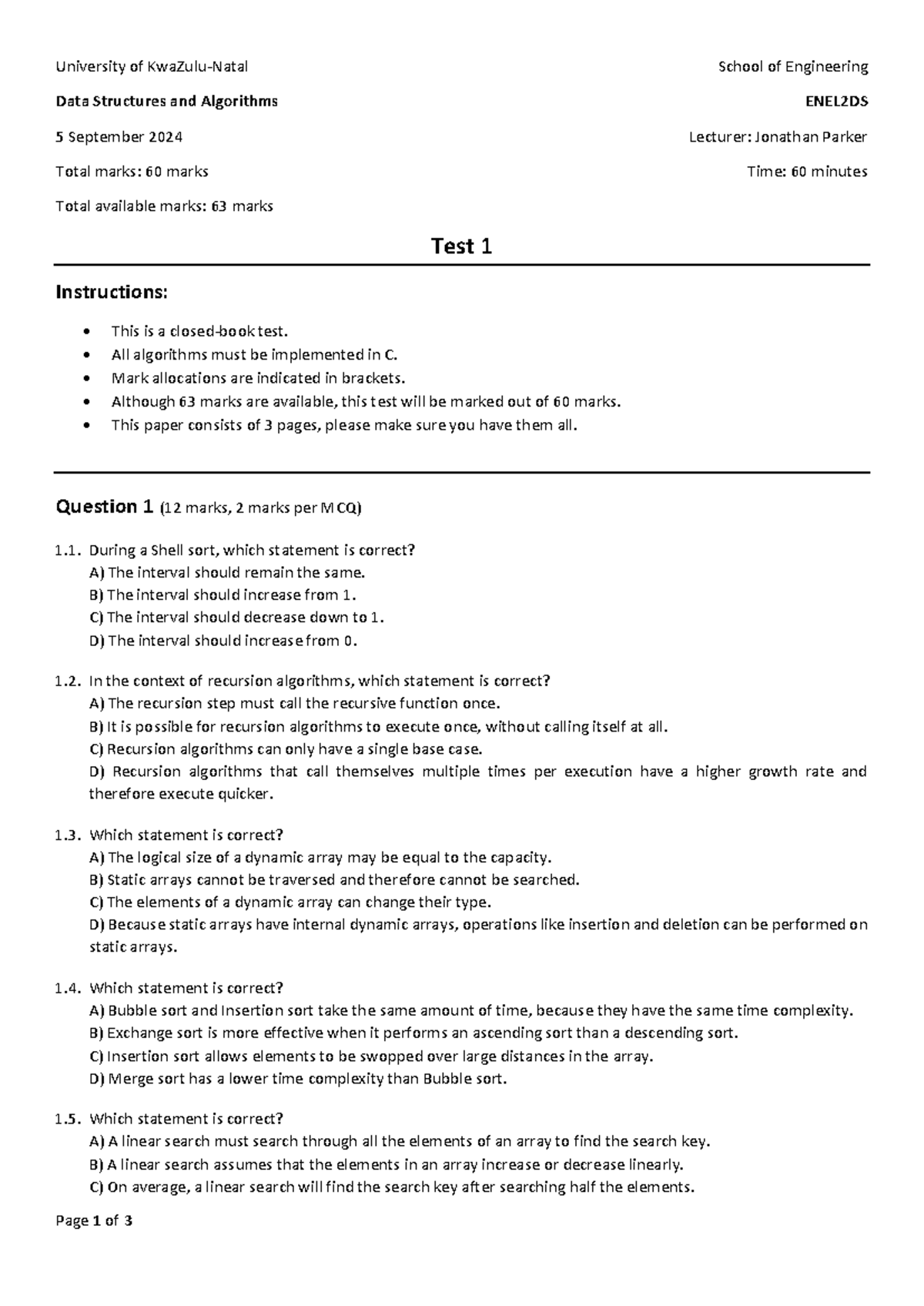 2024 ENEL2DS Test 1 - Data Structures & Algorithms Practice Problems ...