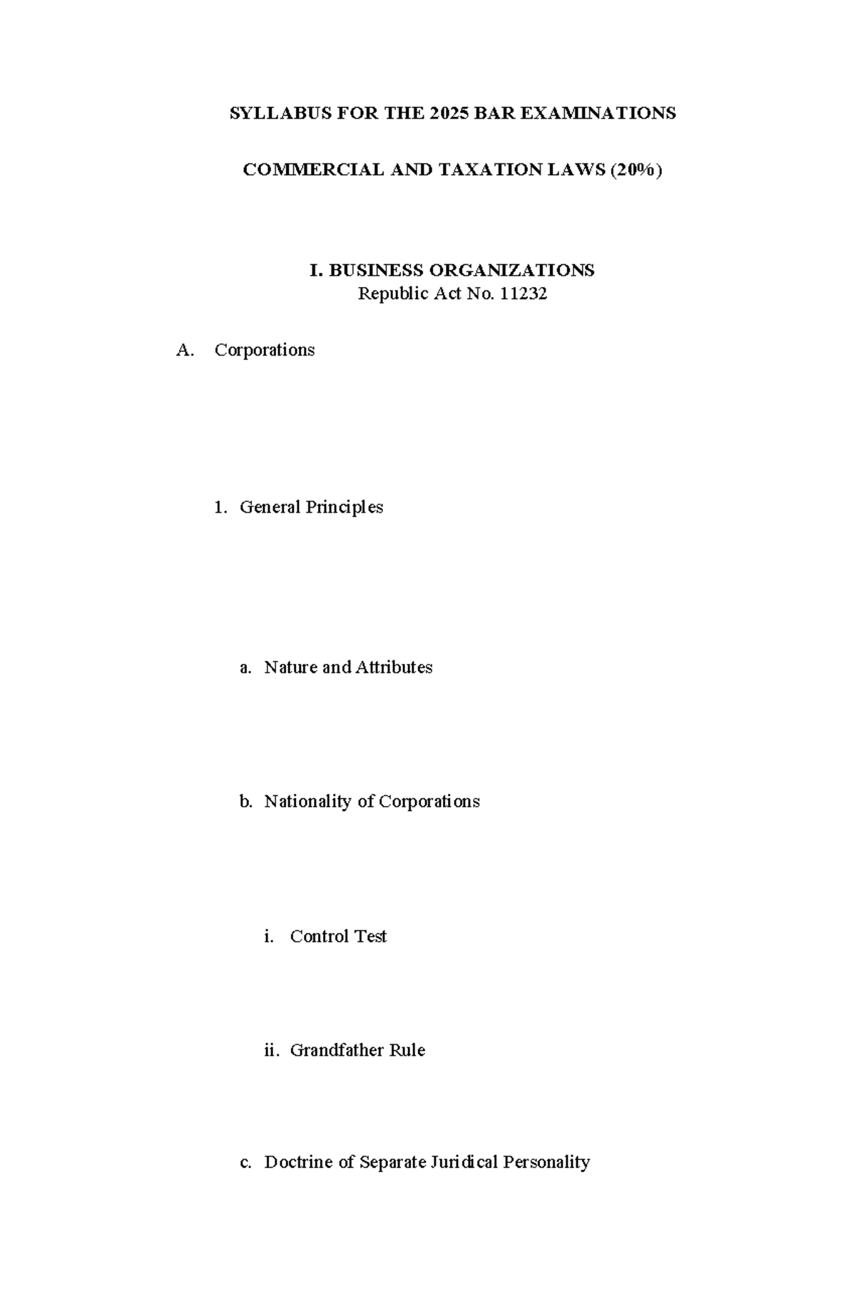 2025 Bar Exam Syllabus: Commercial and Taxation Laws Overview - Studocu
