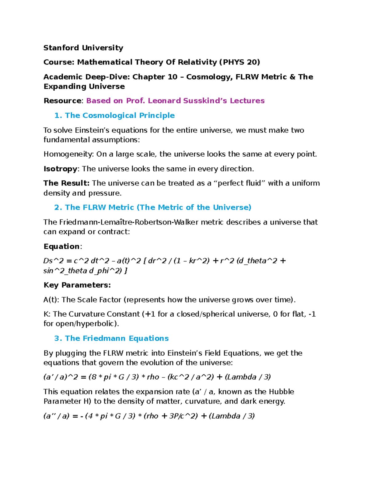 PHYS 20 Chapter 10: Cosmology, FLRW Metric & Friedmann Equations - Studocu