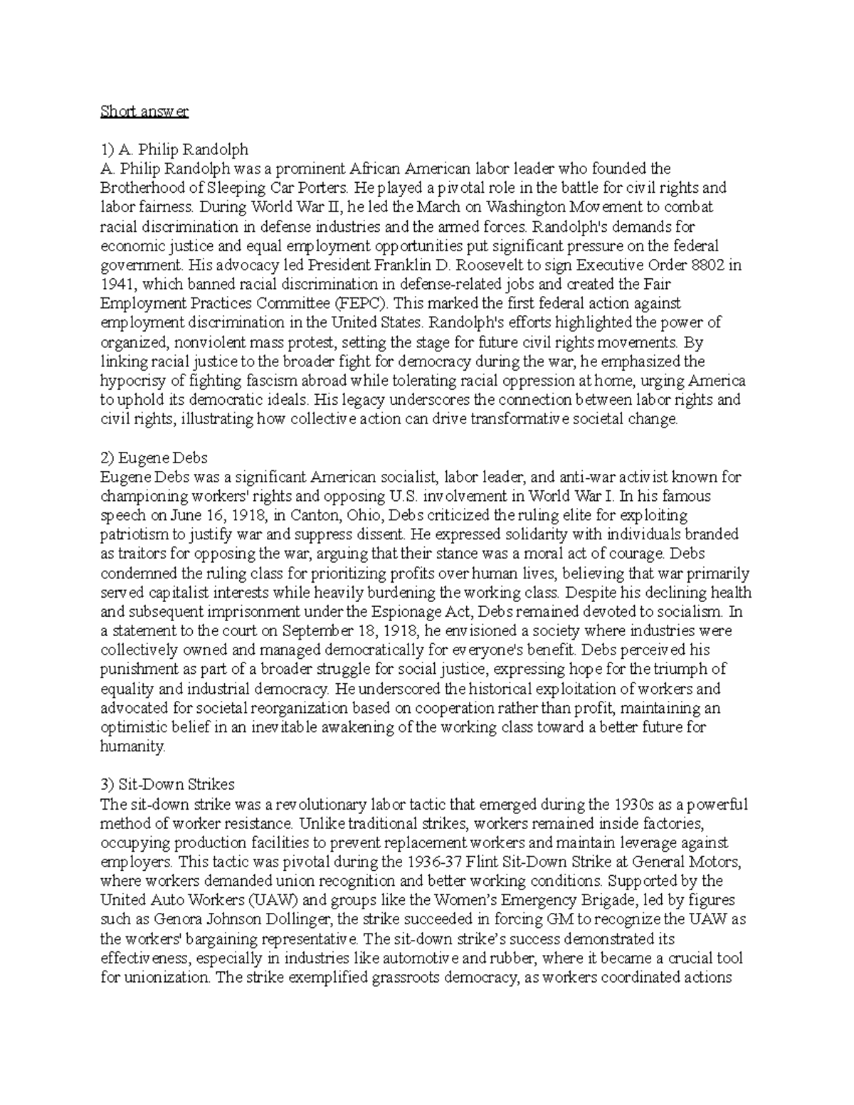 Final Exam - Short answer A. Philip Randolph A. Philip Randolph was a ...