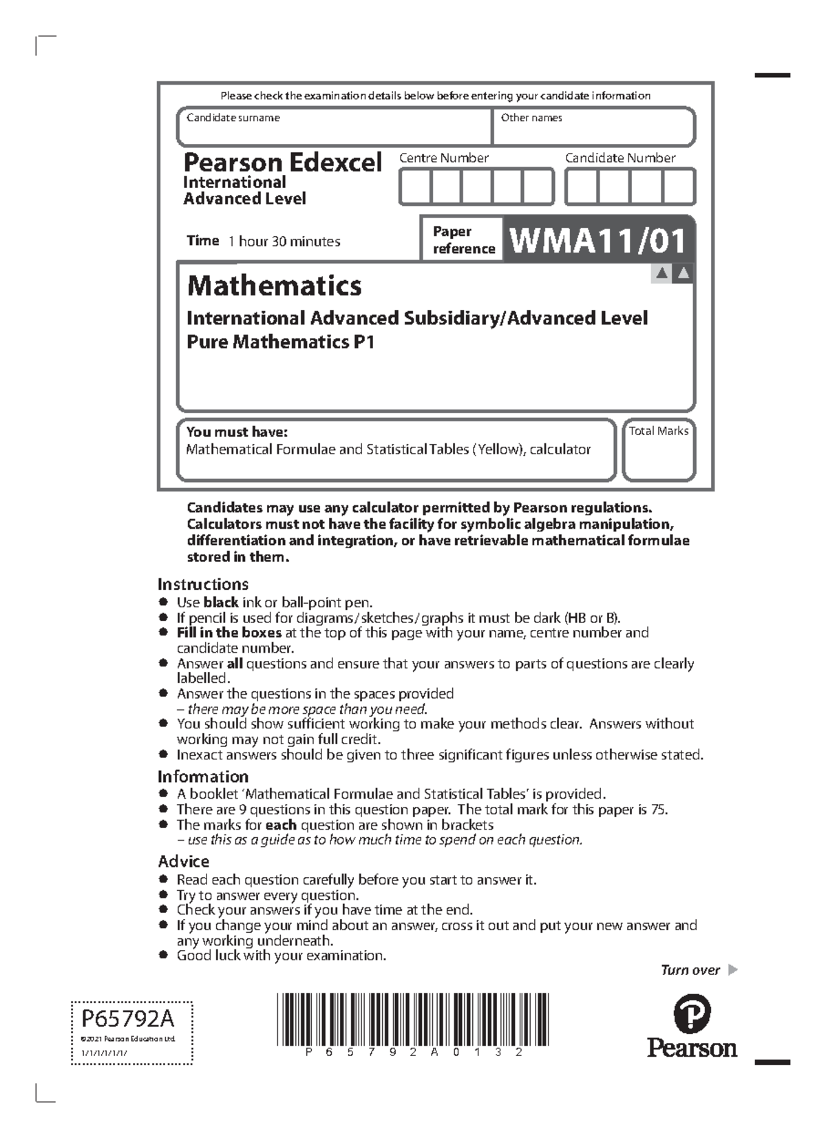 Pure Maths 1 Exam Paper WMA11 - June 2021 (P65792A) - Studocu