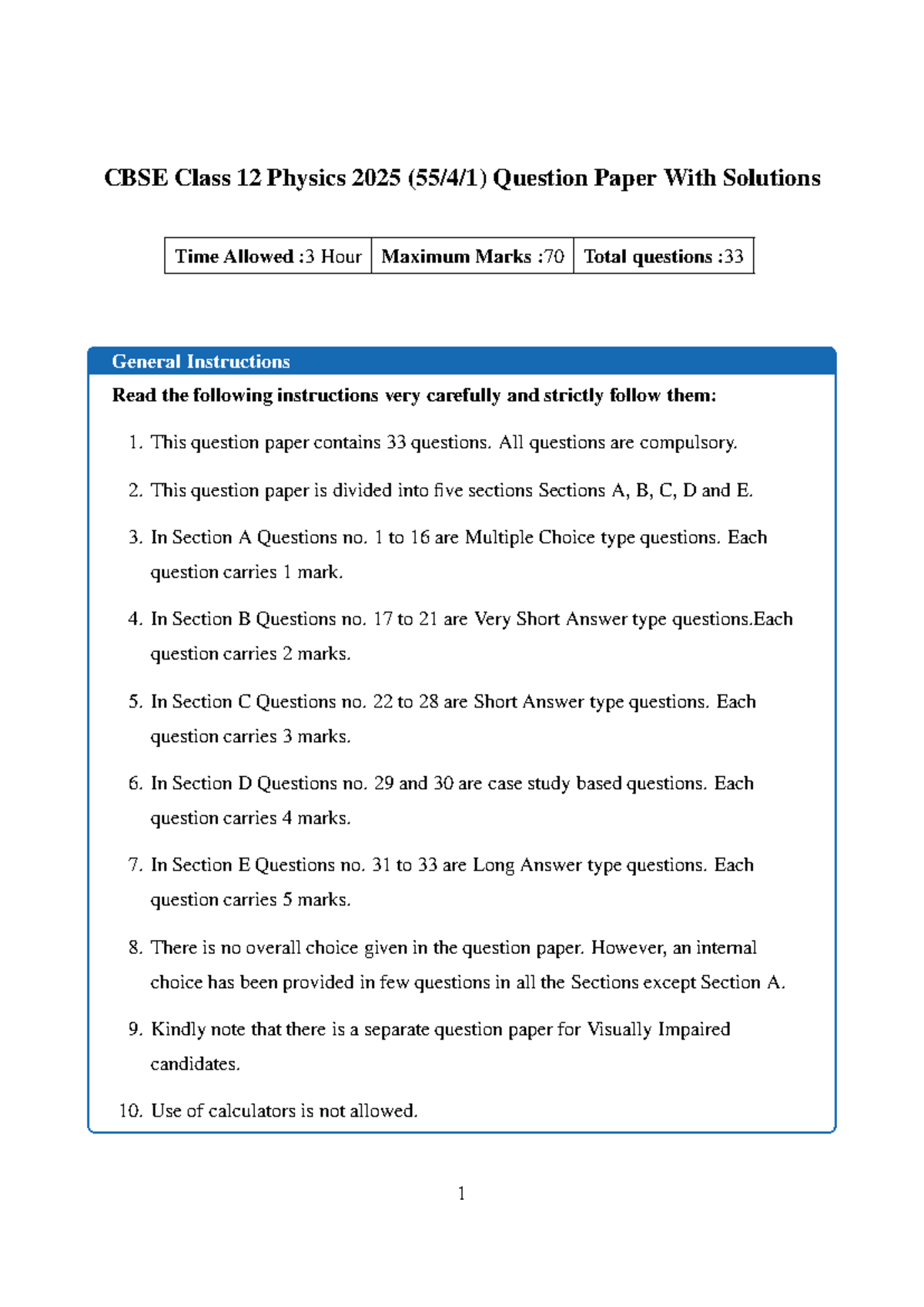 CBSE Class 12 Physics 2025 Question Paper with Solutions - Studocu