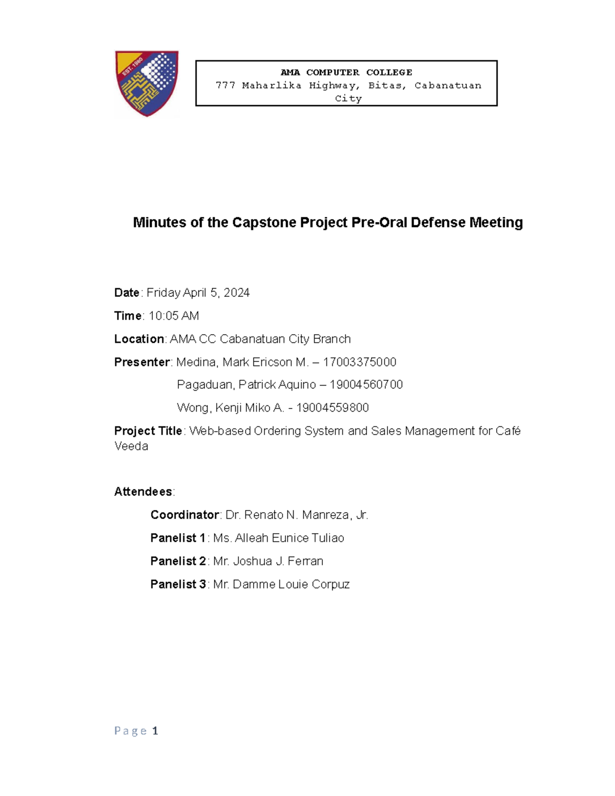 Capstone Project Pre-Oral Defense Minutes - April 5, 2024 - Studocu