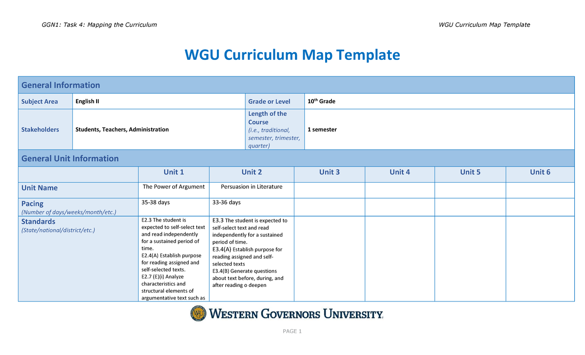 Designing Curriculum and Instruction task 4 - WGU Curriculum Map ...