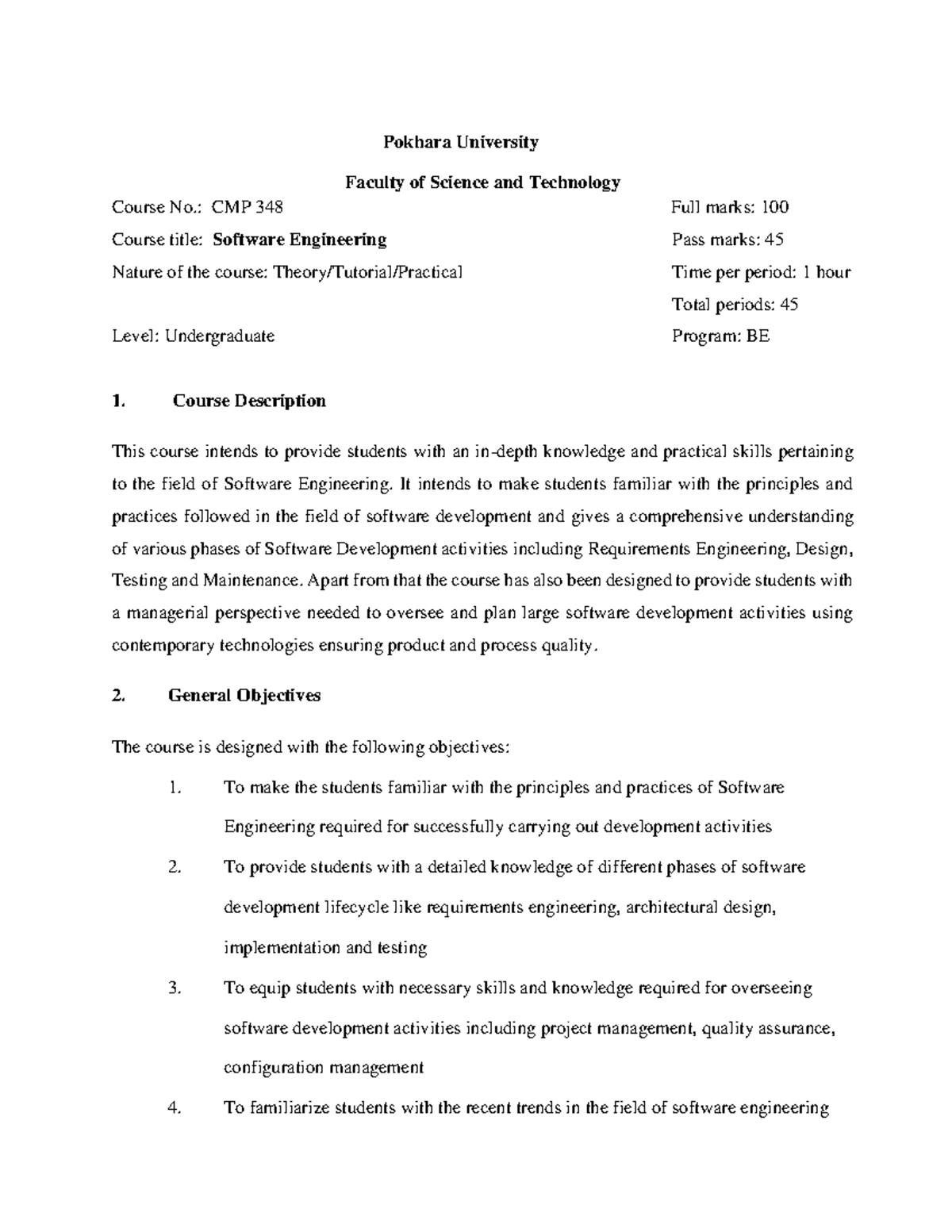 CMP 348 - Software Engineering Course Syllabus and Objectives - Studocu