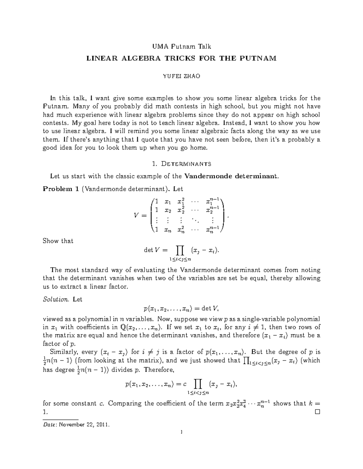 Putnam 2011: Linear Algebra Tricks by Yufei Zhao - Studocu