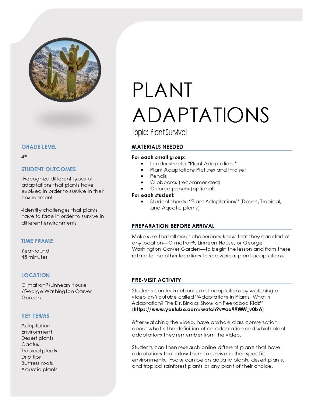 Self-Guided Plant Adaptations Activity for 4th Grade Students - Studocu
