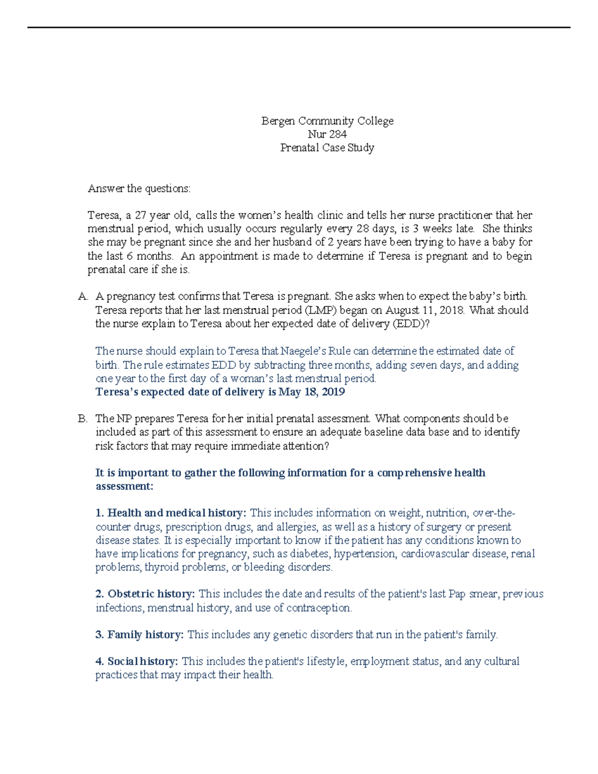 Prenatal Case Study: Teresa (NUR 284) - Assessment and Management - Studocu