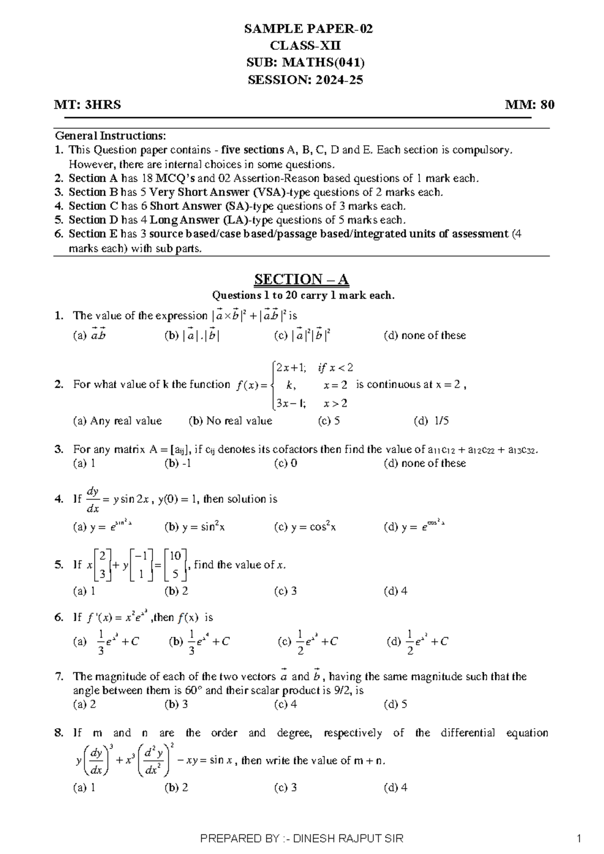 Sample Paper-2 - Class XII Maths (041) - Session 2024-25 - Studocu