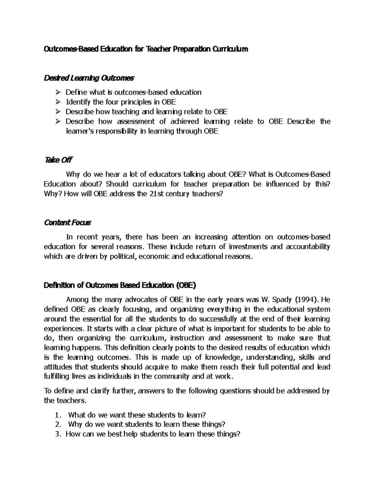 Outcomes-Based Education (OBE) in Teacher Prep Curriculum Guide - Studocu
