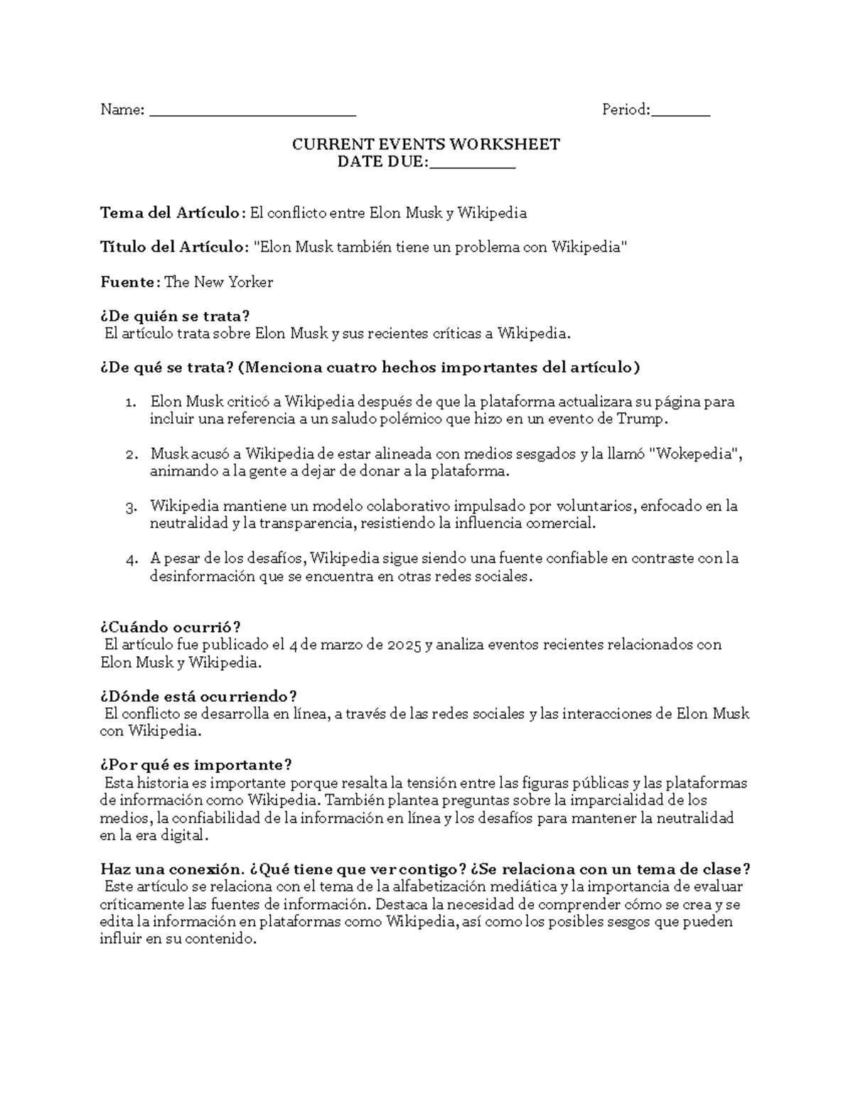 Worksheet on Current Events: Elon Musk vs. Wikipedia (3) - Studocu
