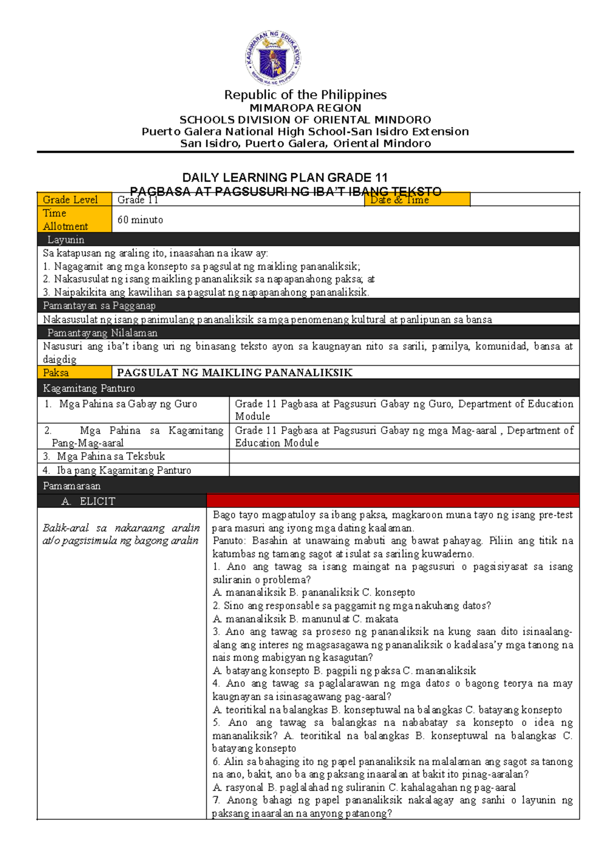 DAILY LEARNING PLAN GRADE 11: PAGSULAT NG MAIKLING PANANALIKSIK - Studocu