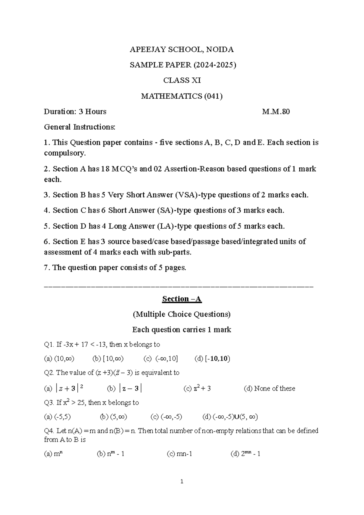 Sample Paper: Class XI Mathematics (041) First Term 2024-25 - Studocu