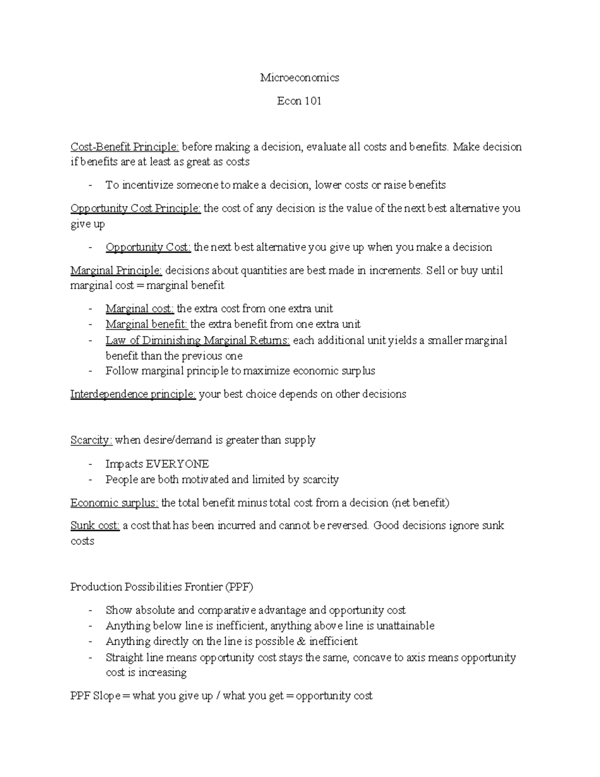 Econ 101 Midterm 1 Study Guide: Key Microeconomic Principles - Studocu