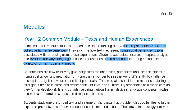 Year 12 English Standard Common Module Rubric: Texts & Human ...