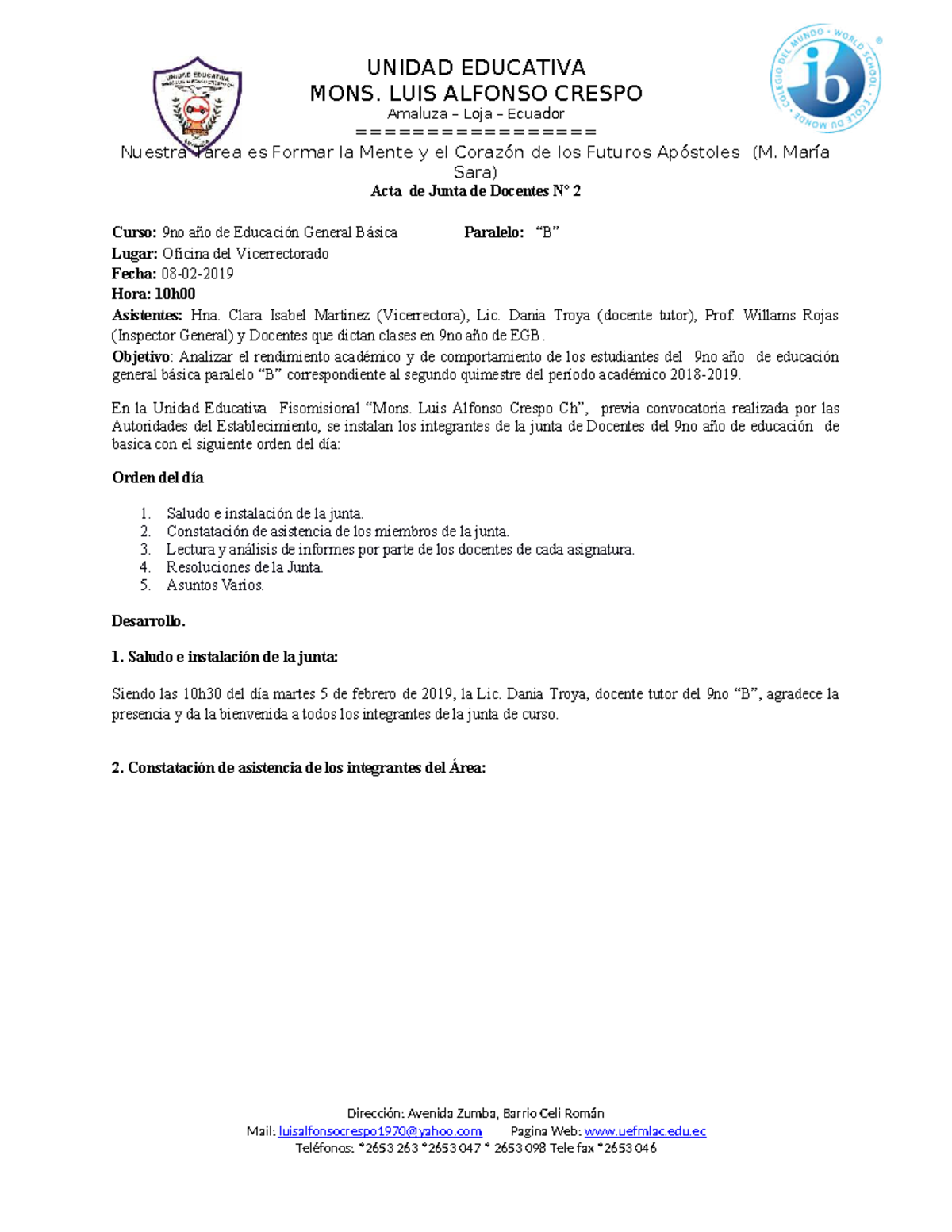 Acta de Junta de Docentes Nº 2 - 9no Año EGB, Unidad Educativa Crespo ...