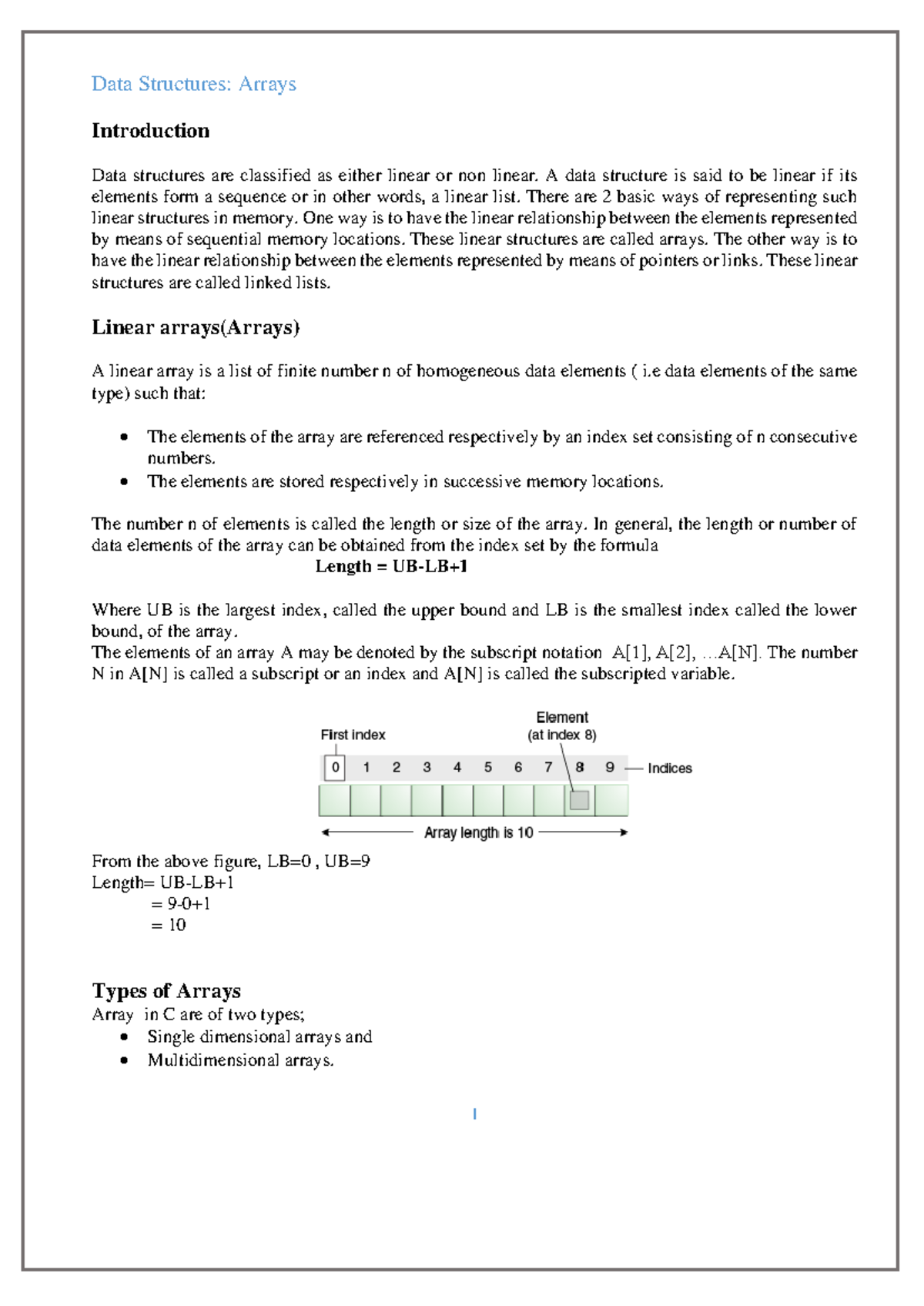 Unit 1: Data Structures - Introduction to Arrays - Studocu