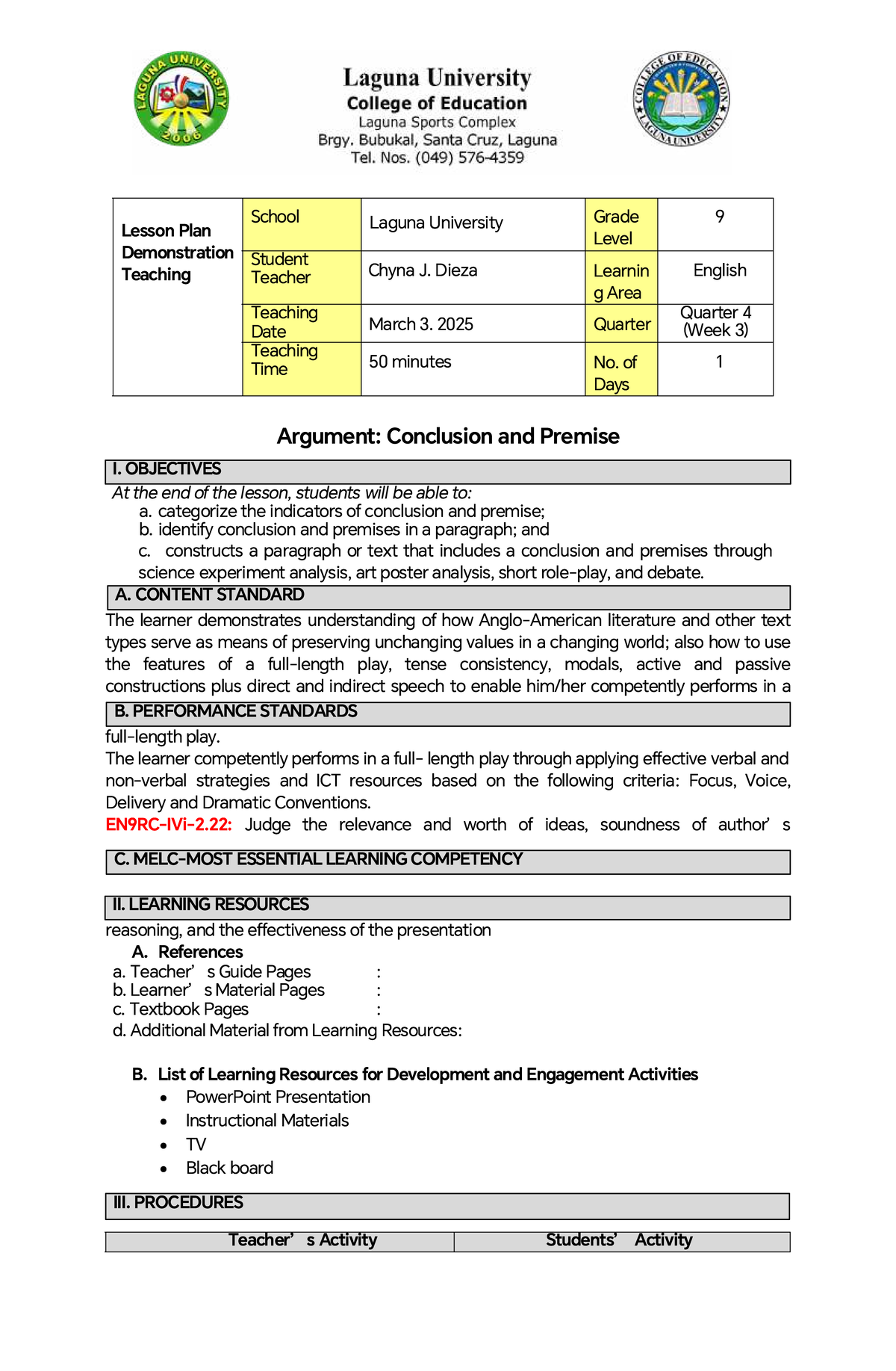 Grade 9 English Lesson Plan: Understanding Conclusions & Premises - Studocu