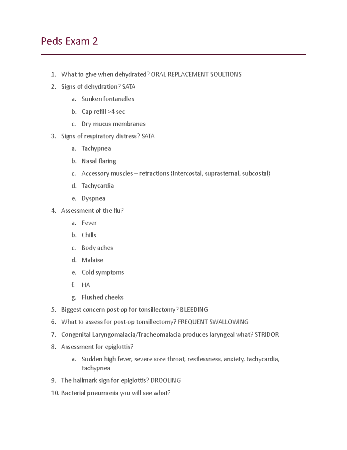 Peds Exam 2 Study Guide: Key Topics and Nursing Interventions - Studocu