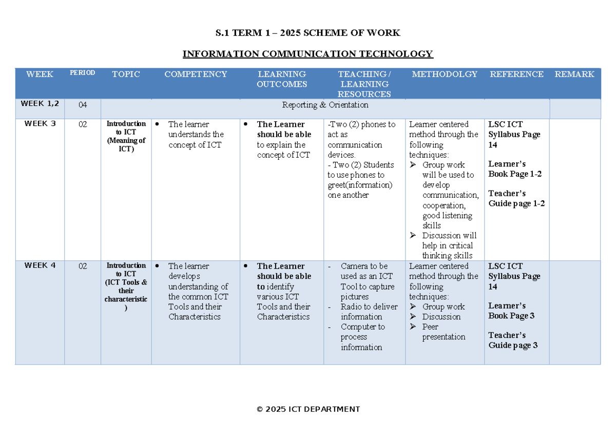 S.1 ICT 2025 Term 1 Scheme of Work: Introduction to ICT Tools - Studocu