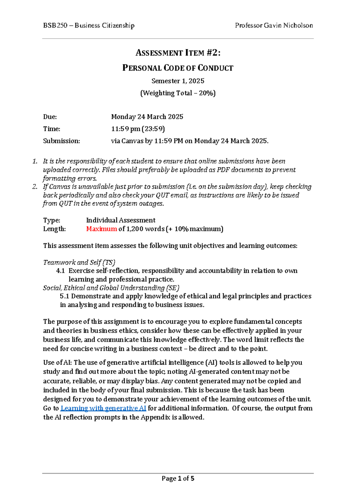 2501 BSB250 Individual Code of Ethics v1-1 - ASSESSMENT ITEM #2 ...