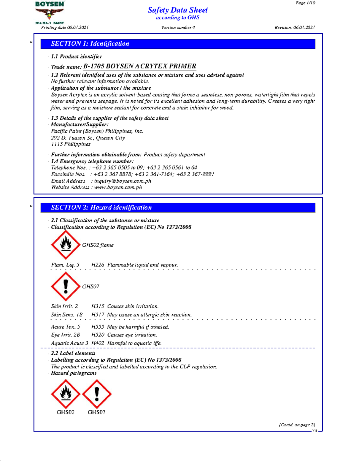 B-1705 Safety Data Sheet: Boysen Acrytex Primer (Revision 4) - Studocu