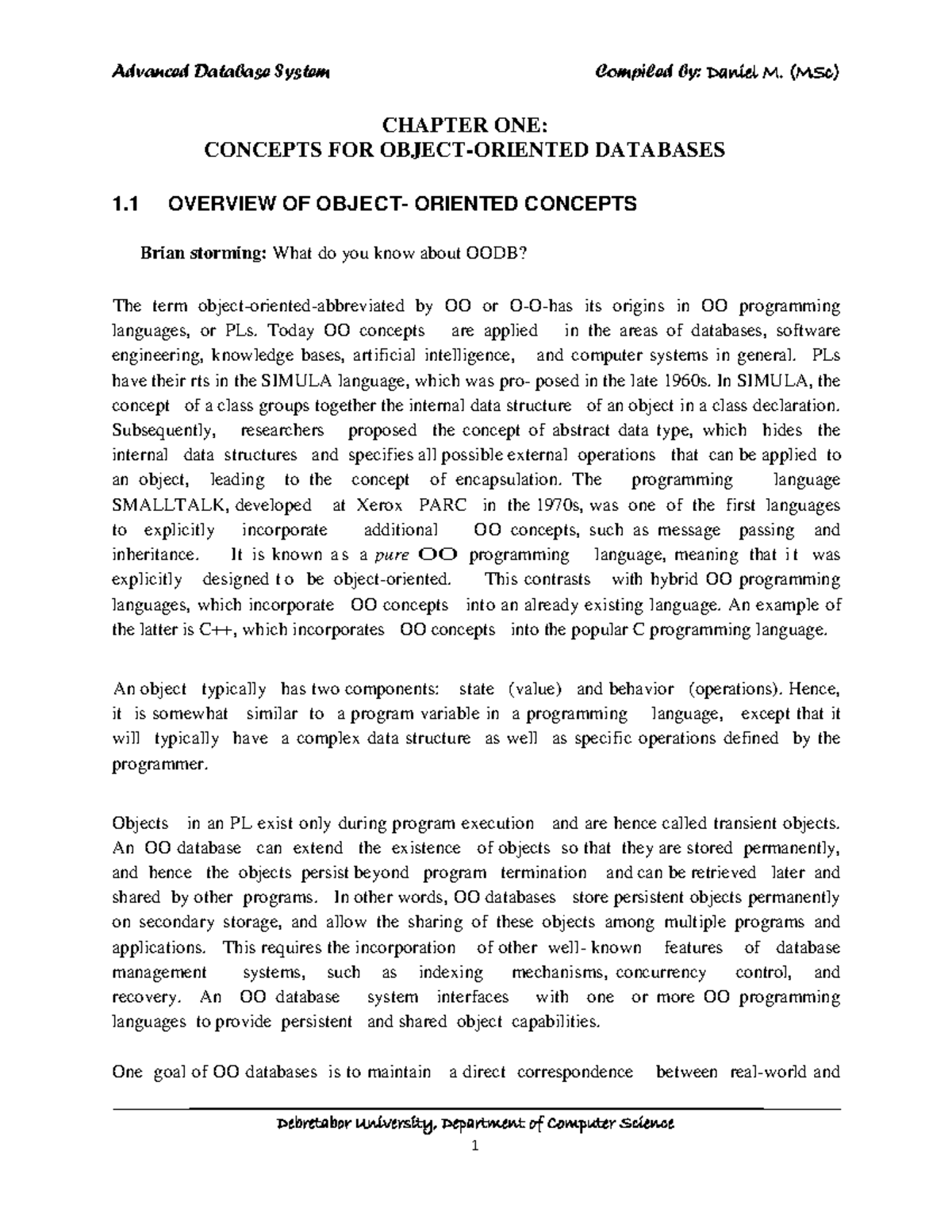 Advanced Database System (MSc) - Chapter 1: Database Concepts - Studocu