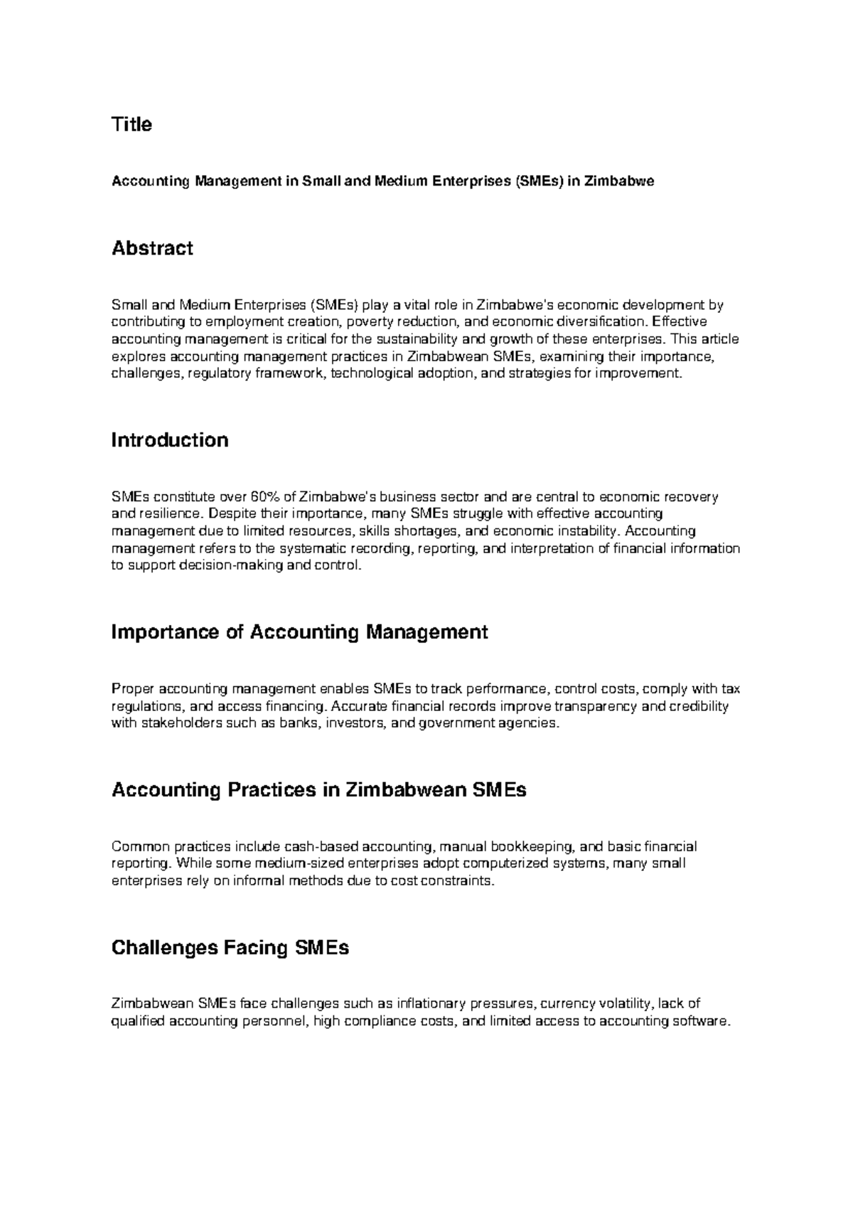 Accounting Management Practices in SMEs in Zimbabwe - Studocu