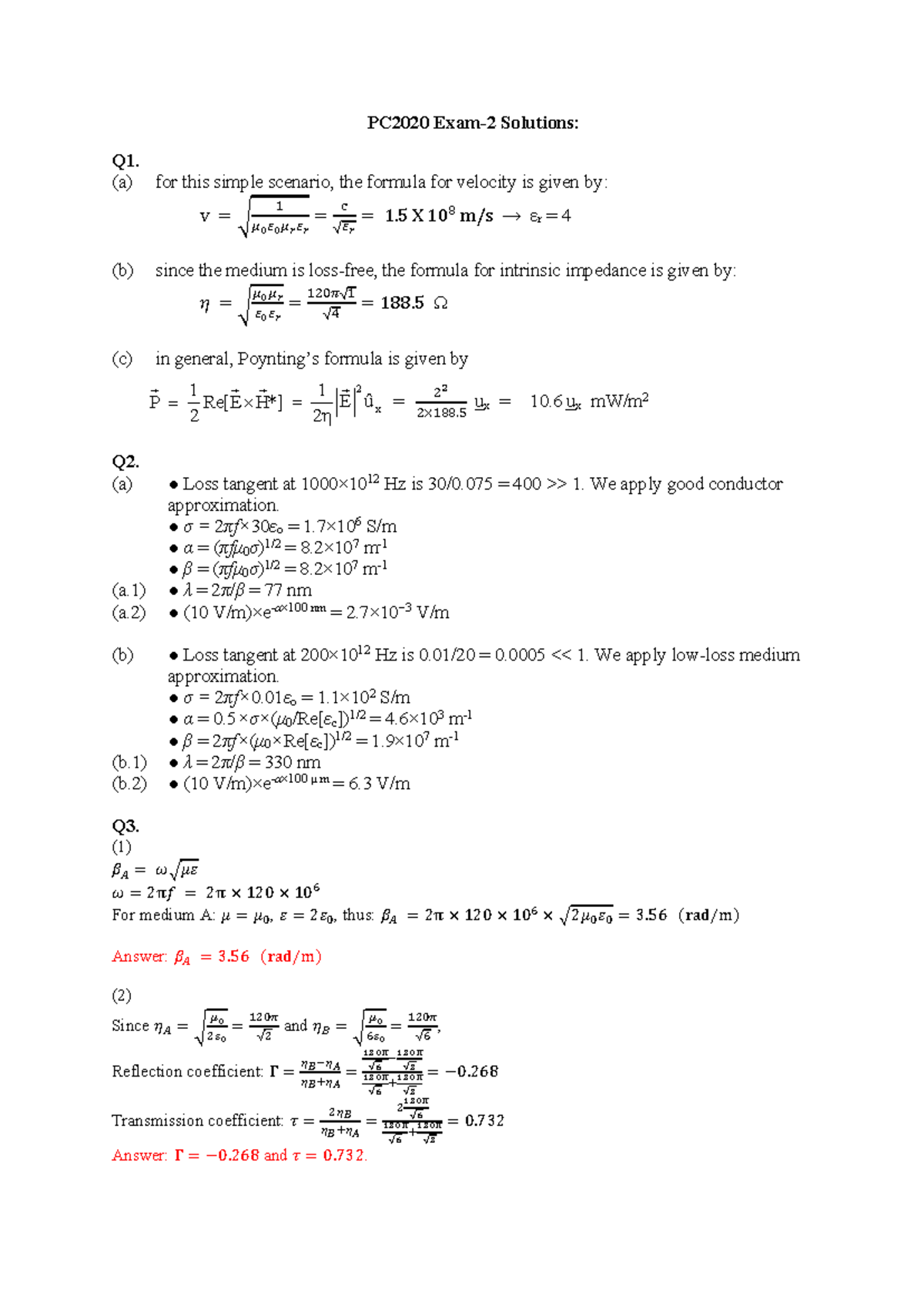 PC2020 S2 Test 2 Solutions: Velocity and Impedance Formulas - Studocu