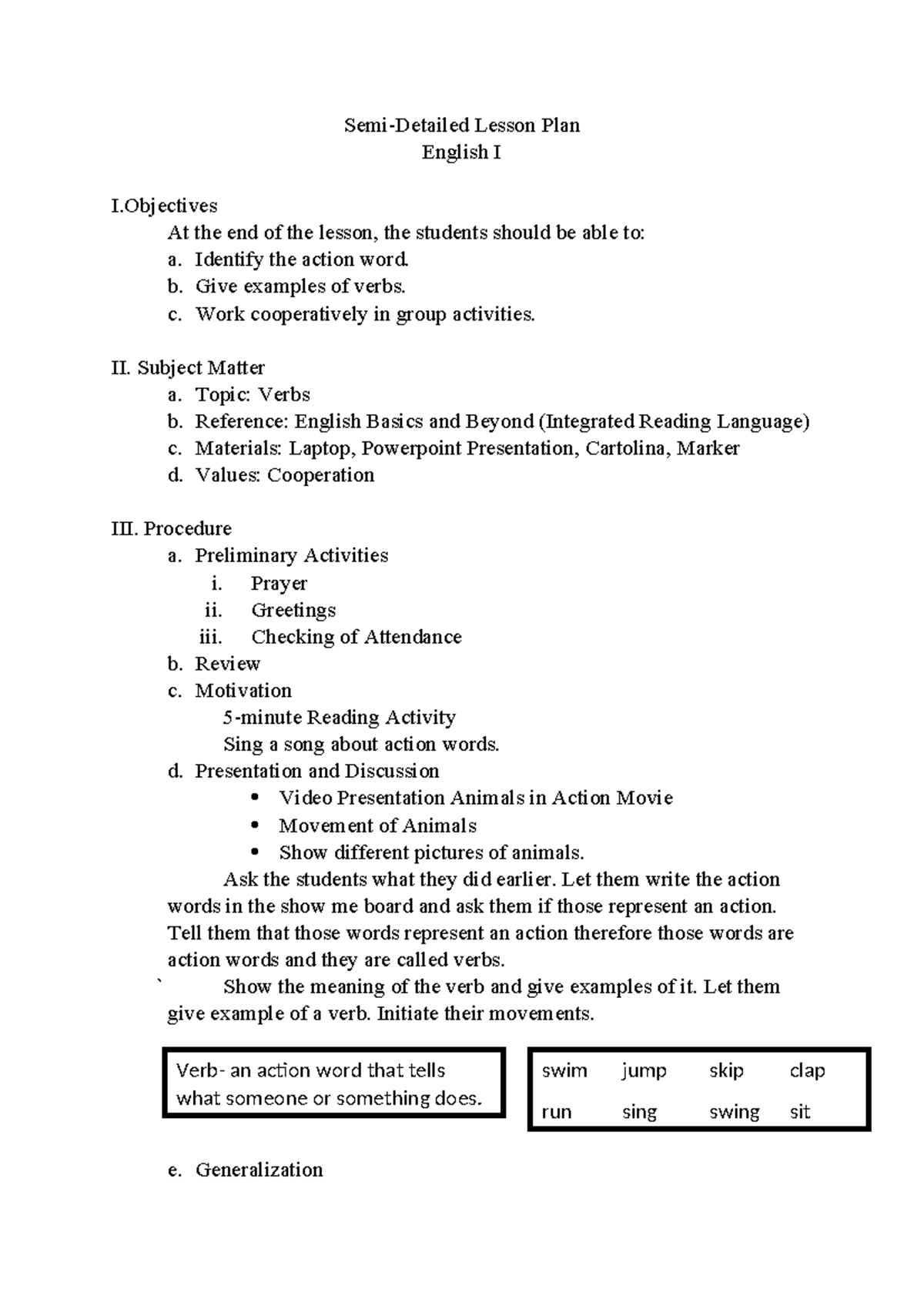 Semi-Detailed Lesson Plan on Verbs for English I Class - Studocu