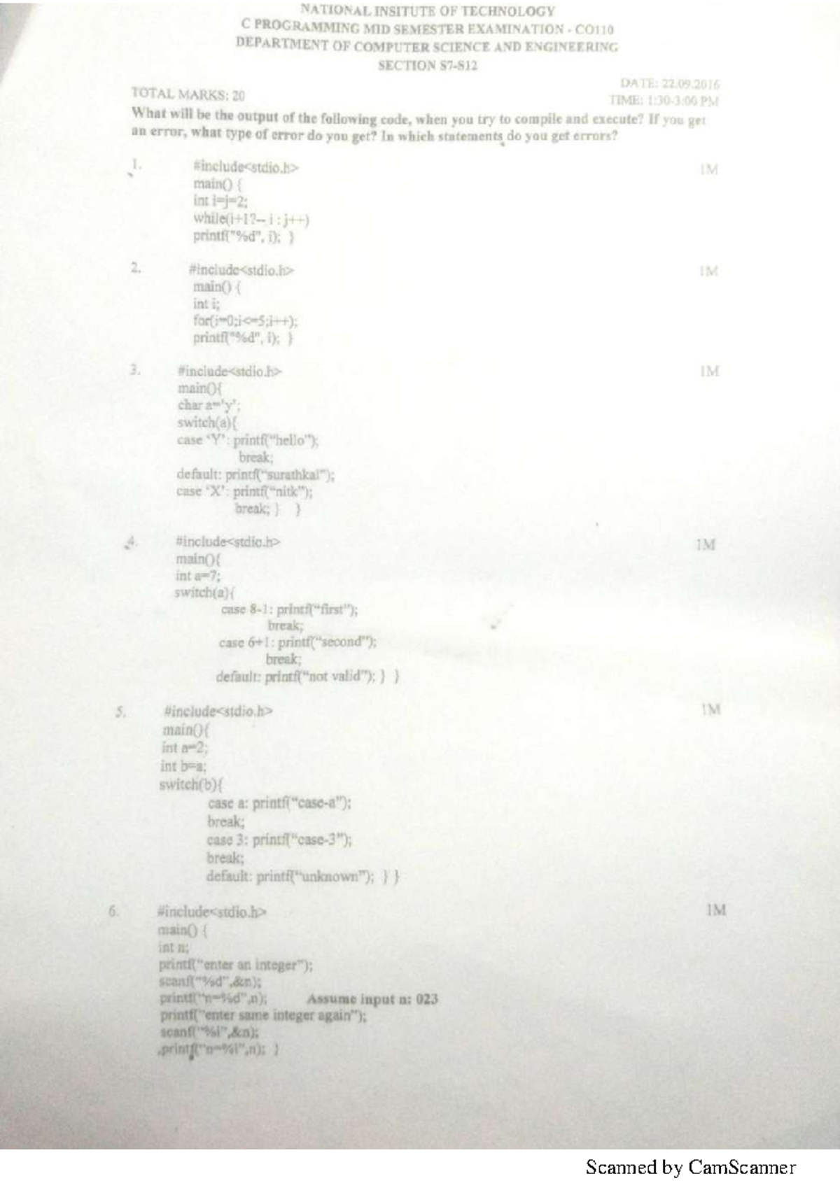 C Programming Mid Sem Exam Papers (CO110) - NITK Computer Science - Studocu